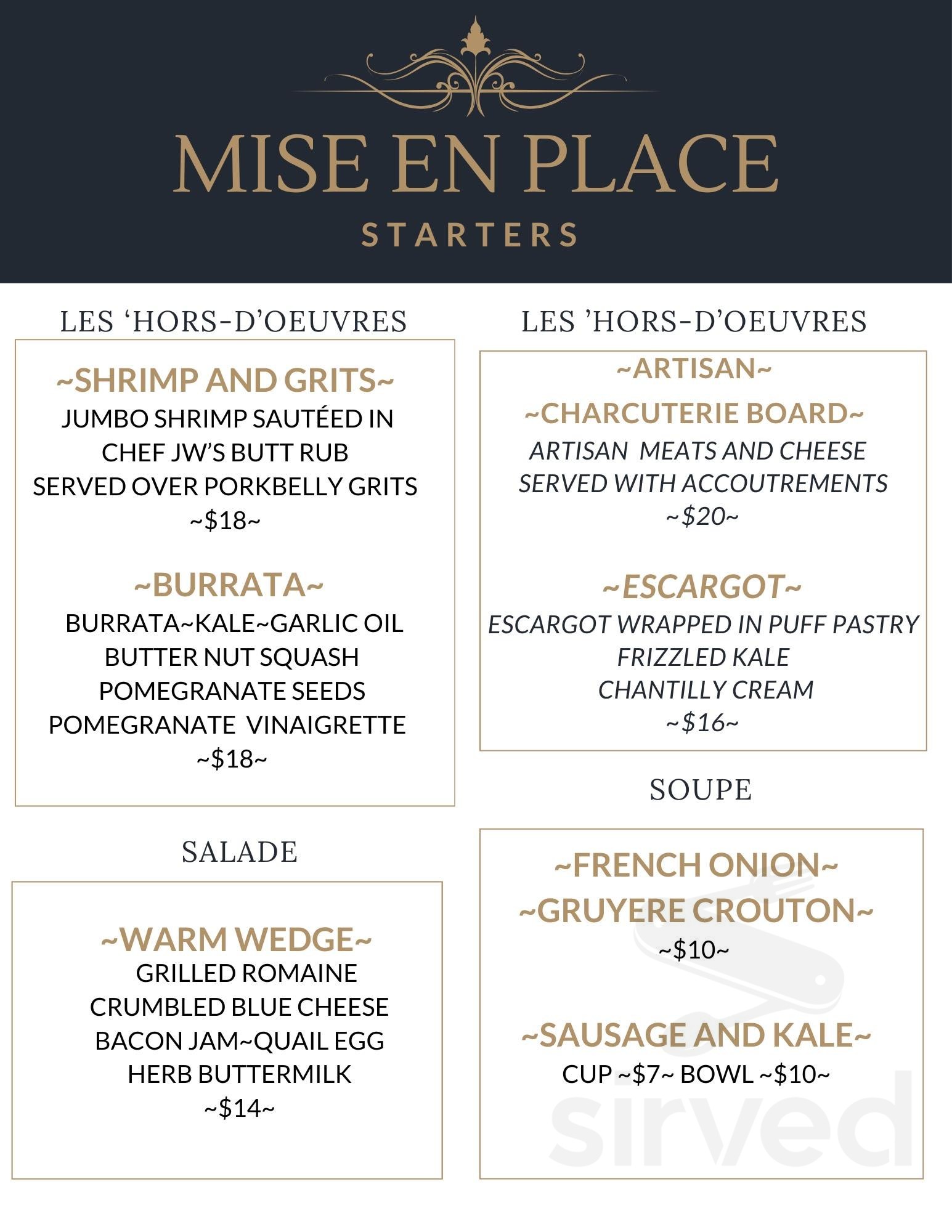Mise En Place menu in Cumberland, Maryland, USA
