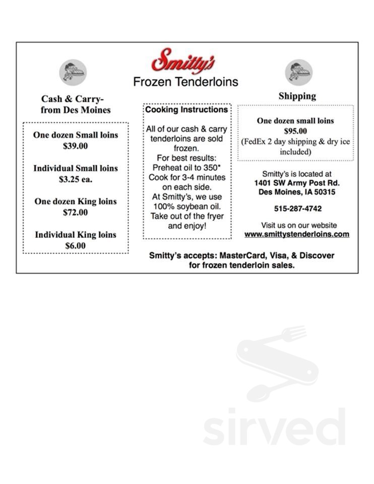 Menu for Smitty's Tenderloin Shop in Des Moines, IA | Sirved