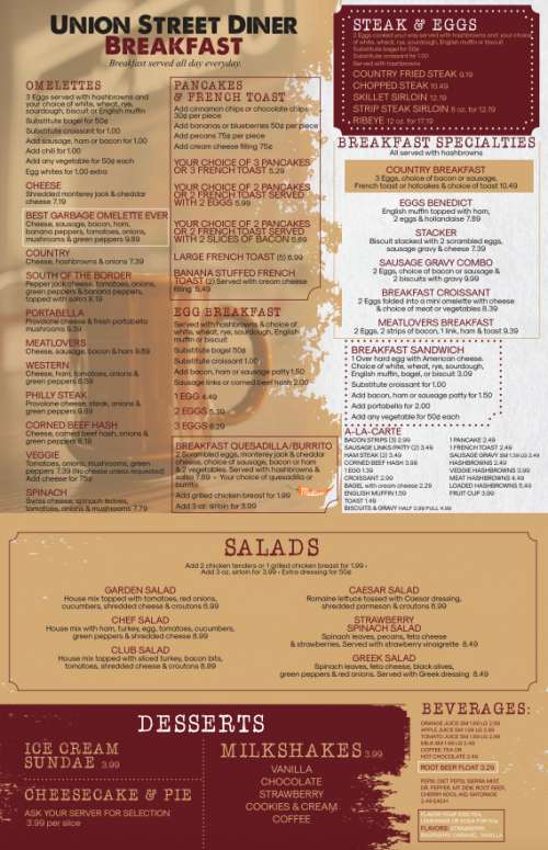 Union Street Diner menu in Athens, Ohio, USA