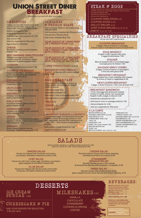Union Street Diner menu in Athens, Ohio, USA