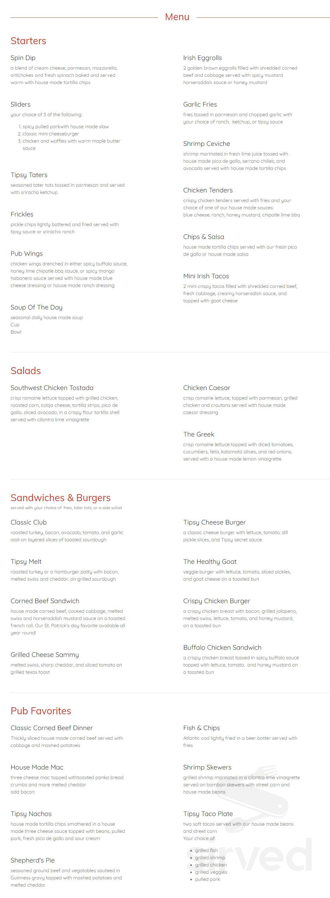 The Tipsy Goat menu in Thousand Oaks, California, USA