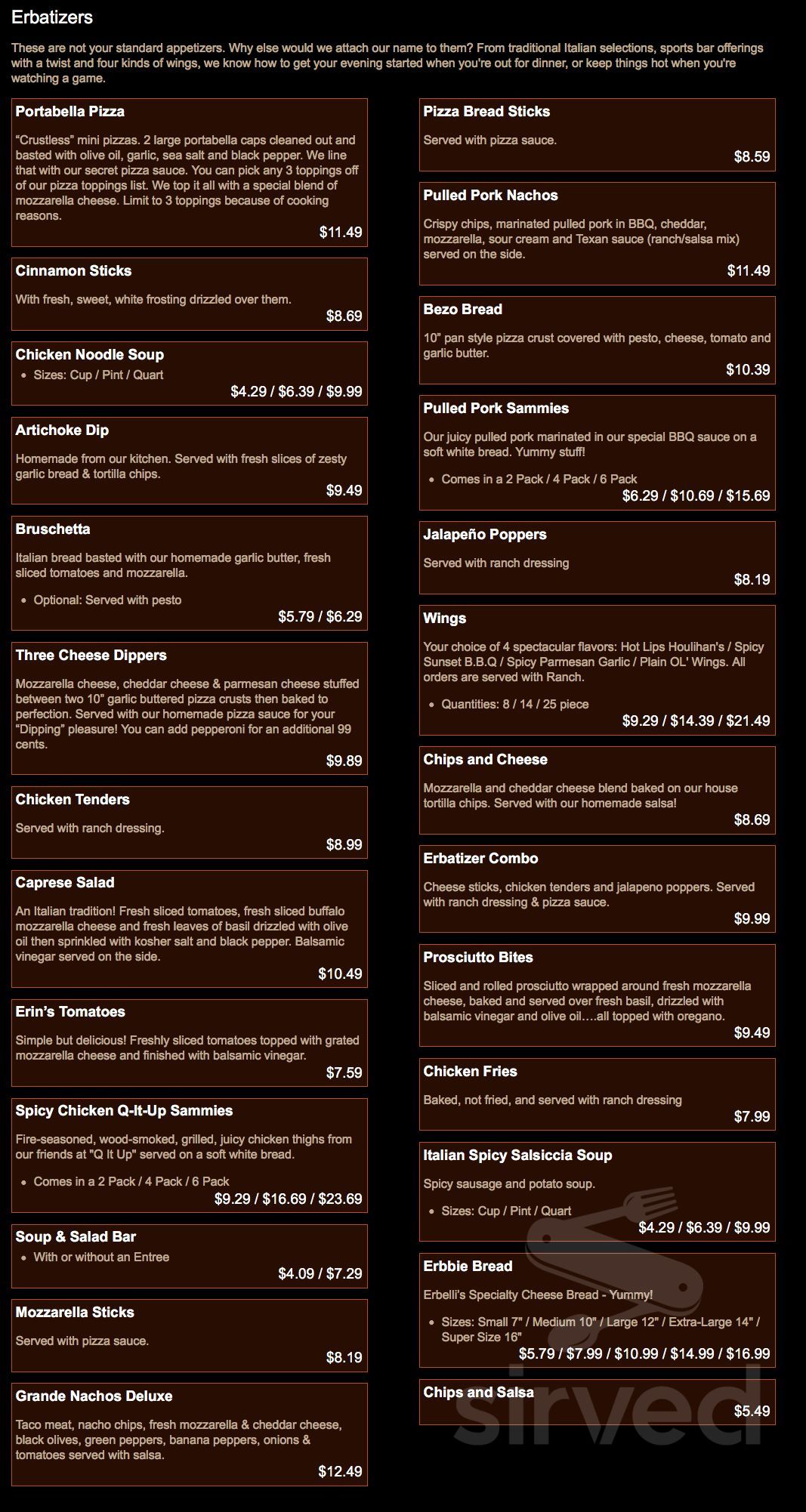 Erbelli's Gourmet Pizzeria, Italian Bistro & PUB! menu in Portage ...