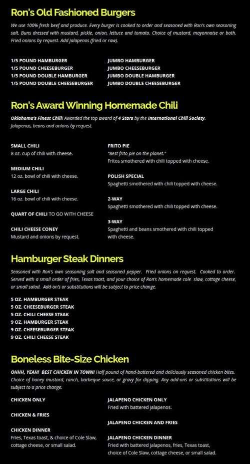 Ron's Hamburgers & Chili menu in Broken Arrow, Oklahoma, USA