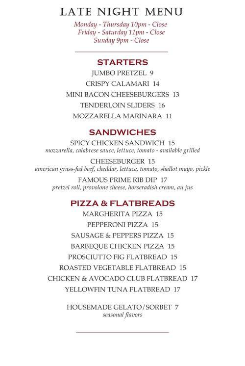 Pinstripes menu in Beachwood, Ohio, USA