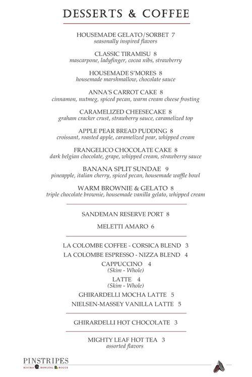 Pinstripes menu in Beachwood, Ohio, USA