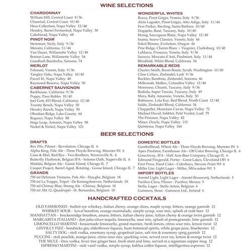 Pinstripes menu in Beachwood, Ohio, USA