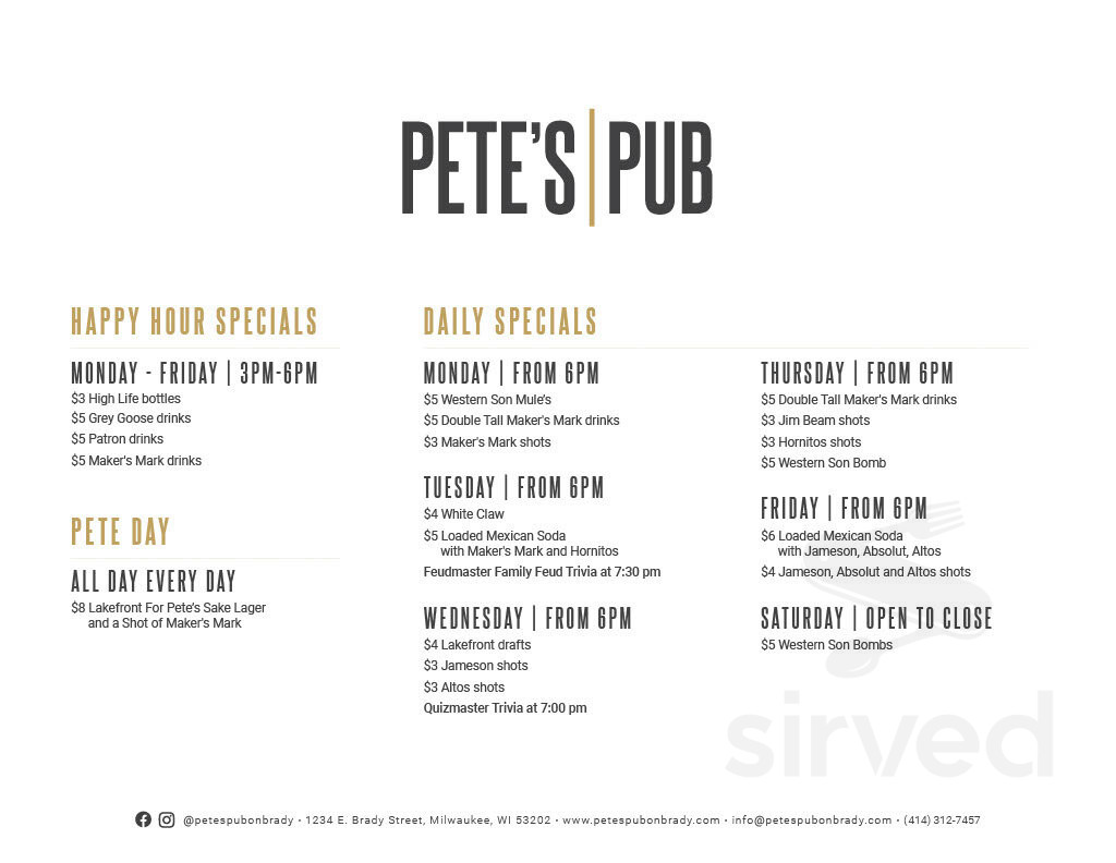 Pete's Pub menu in Milwaukee, Wisconsin, USA