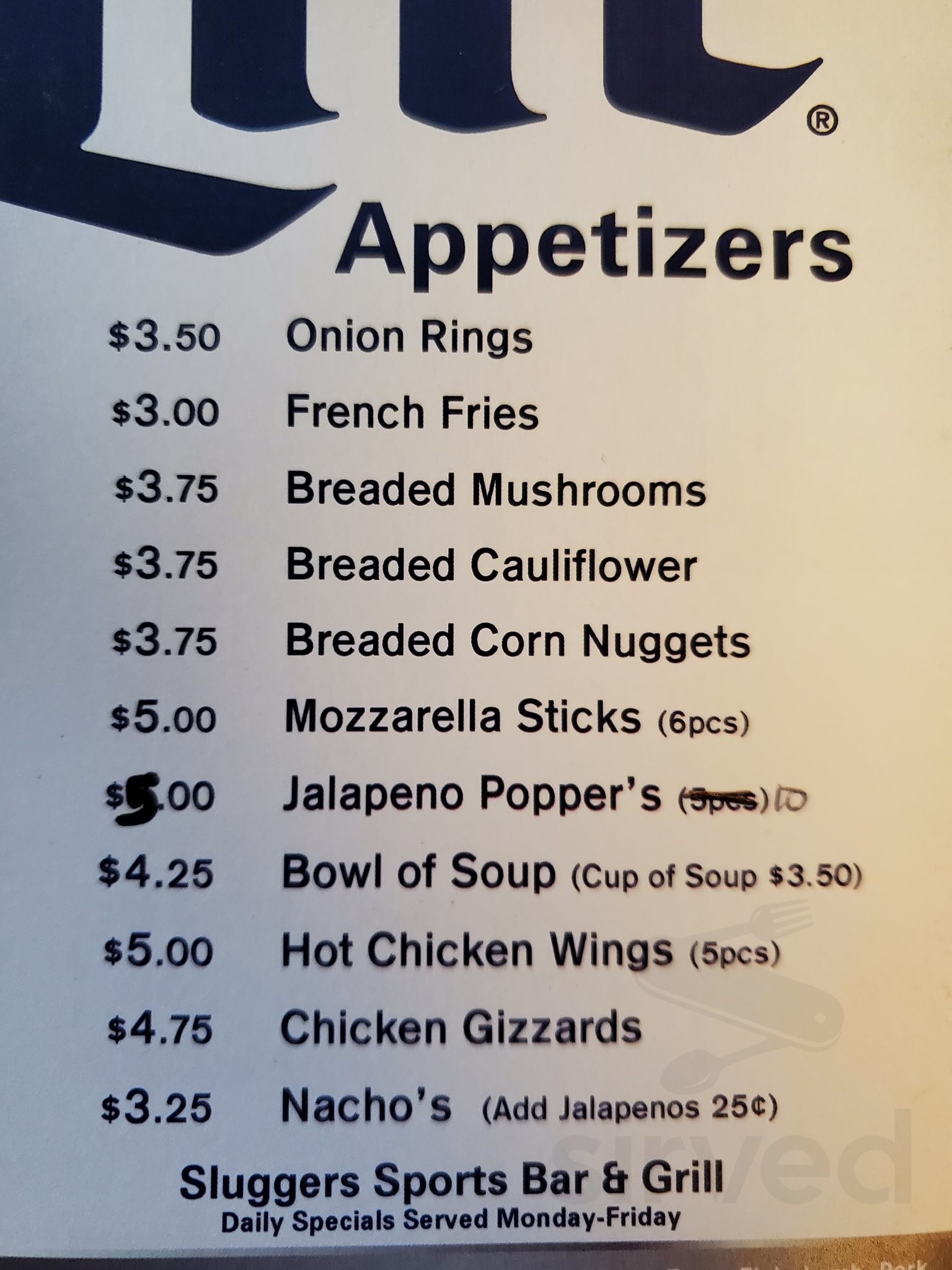 Menu - Grand Island NE's Sluggers Bar & Grill | Sirved