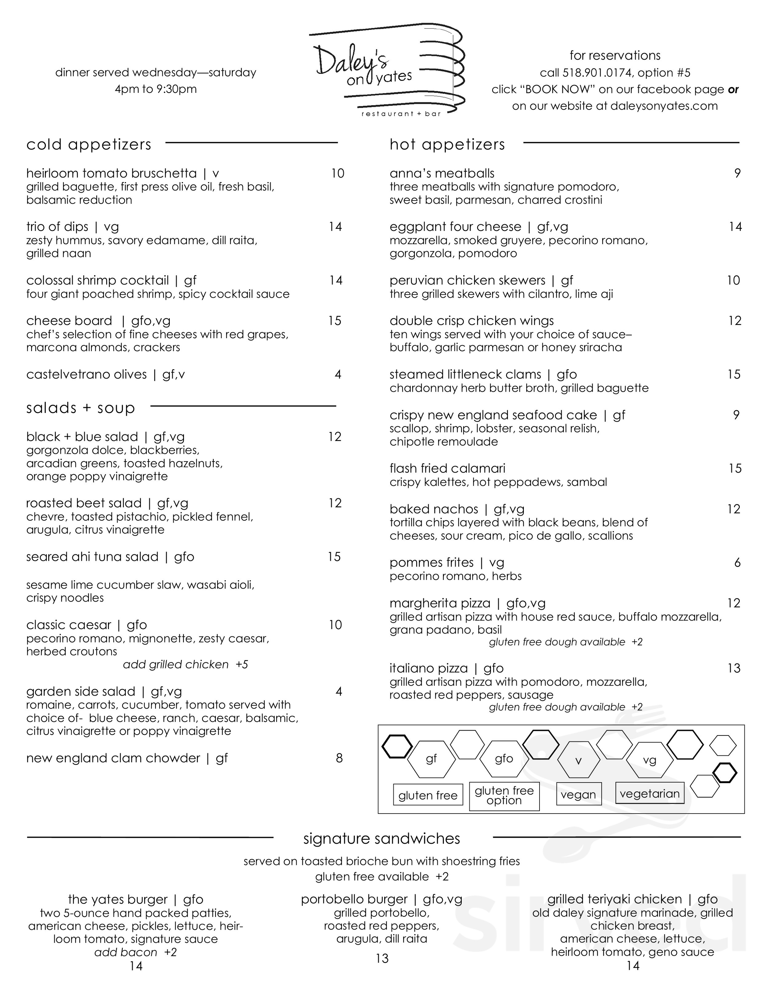 Menu for Daley's On Yates in Schenectady, NY | Sirved