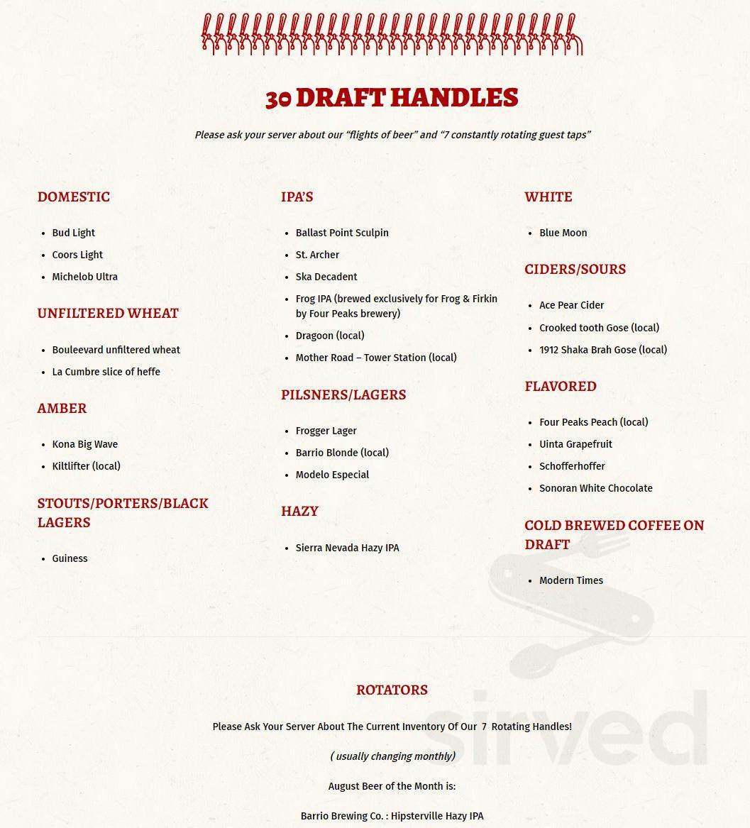 Frog & Firkin menu in Tucson, Arizona, USA