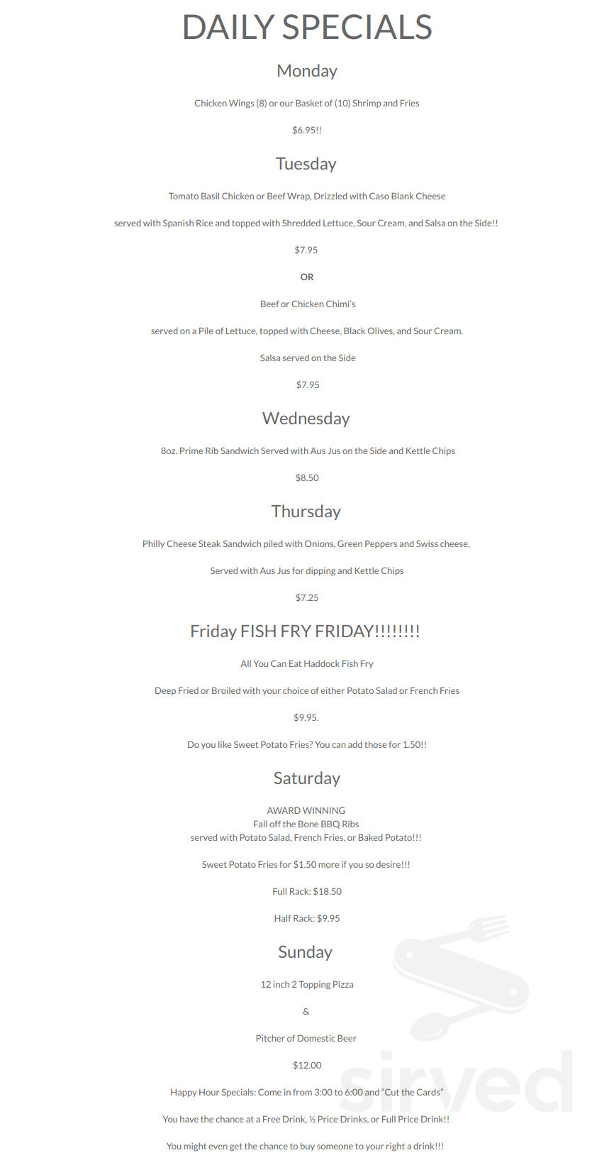 Menu - Tomahawk WI's Happy Snapper | Sirved