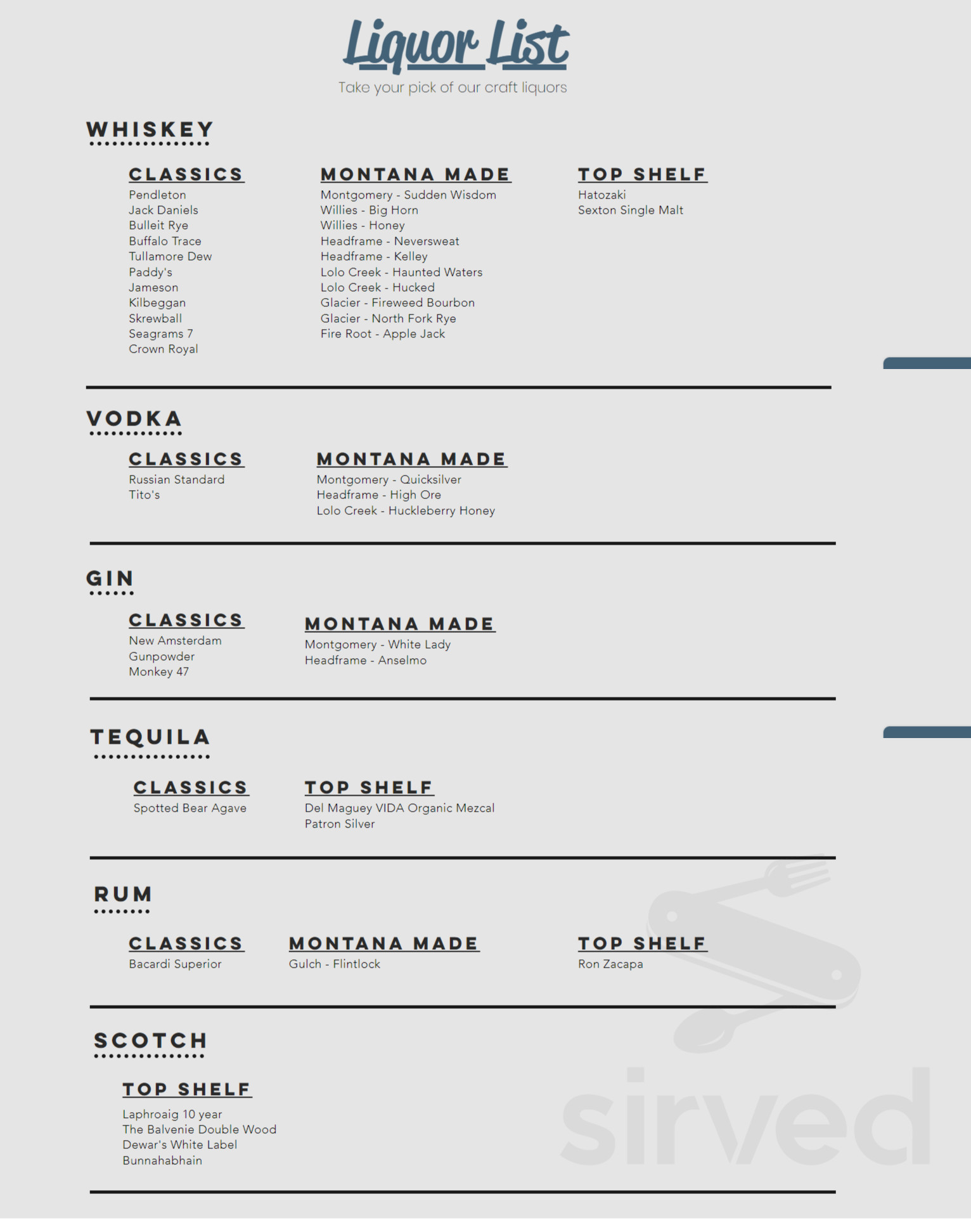 Slainte Butte America Pub menus in Butte, Montana, United States
