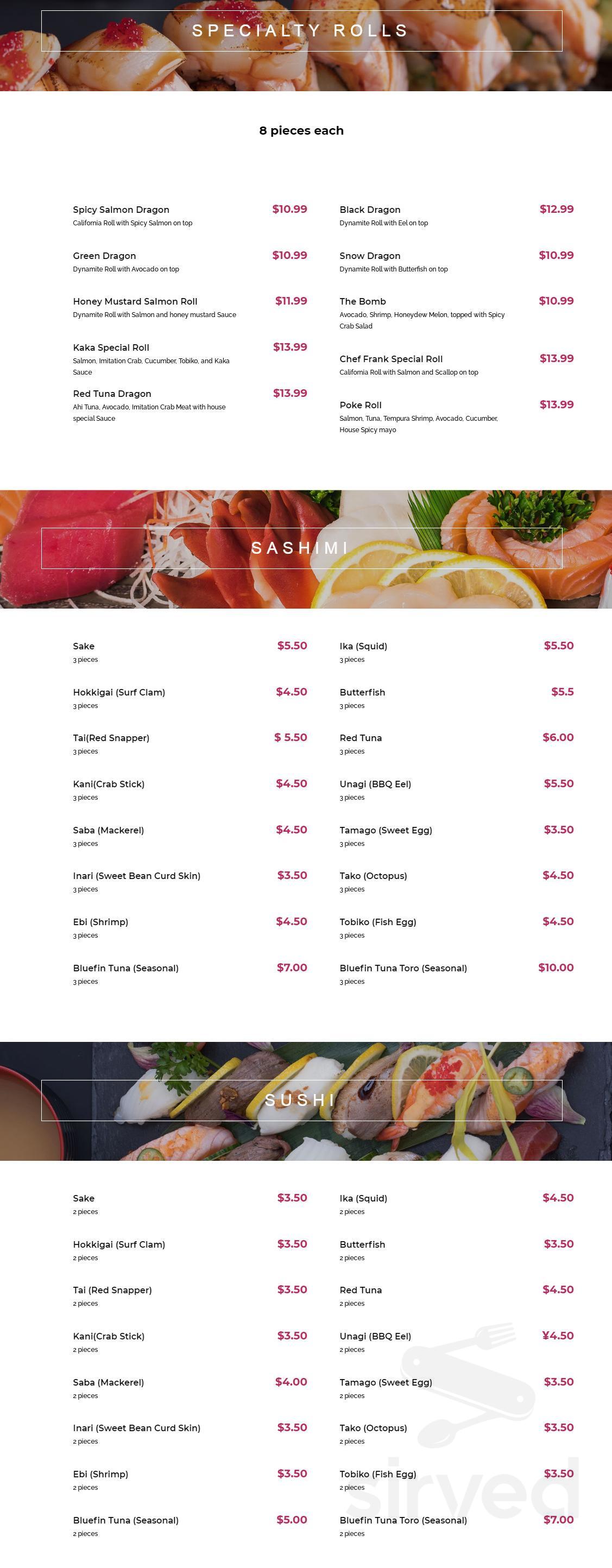 KAKA All You Can Eat menu in Toronto, Ontario, Canada