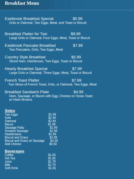 Eastbrook | Cafe & Catering menu in Montgomery, Alabama, USA