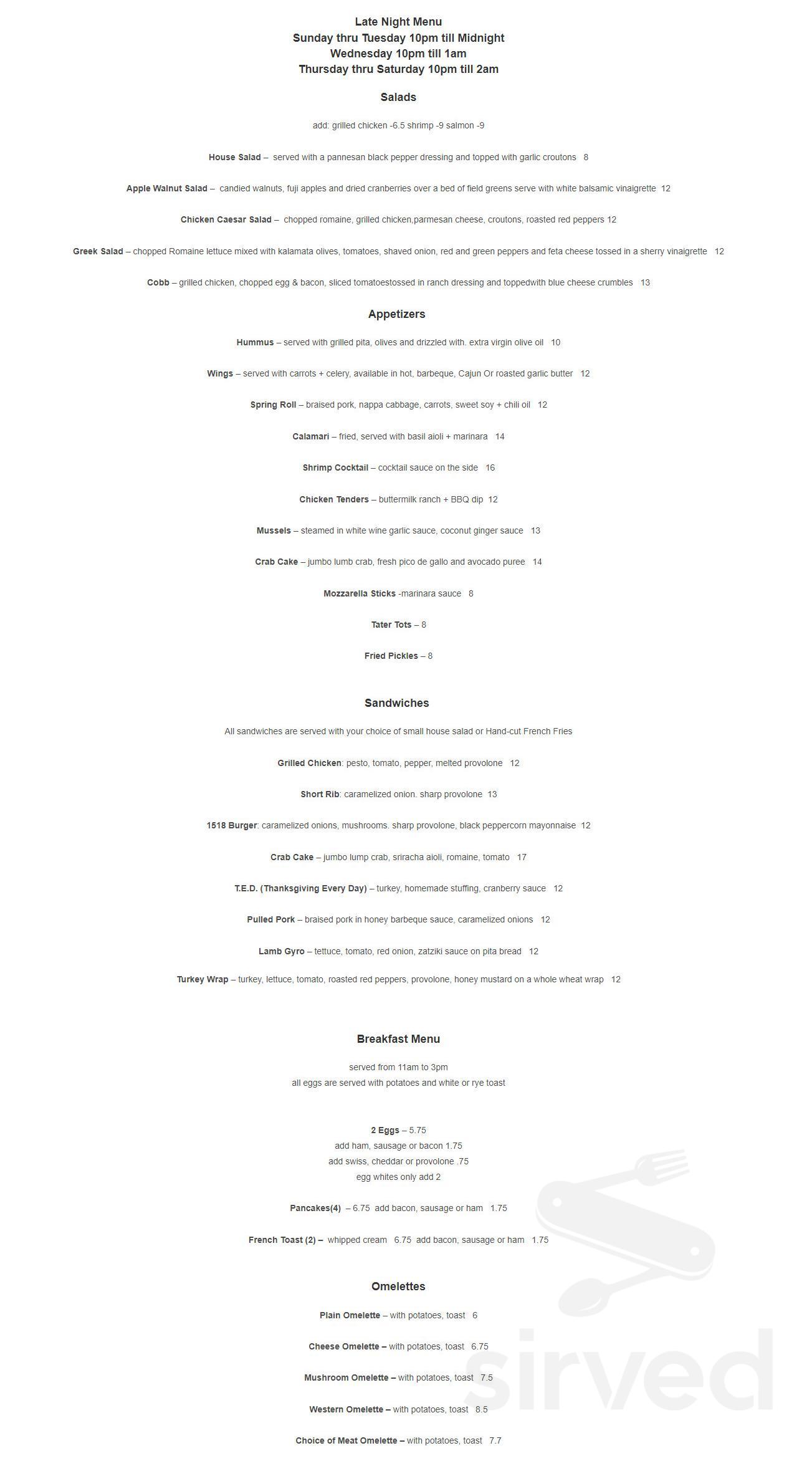 1518 Bar & Grill menu in Philadelphia, Pennsylvania, USA