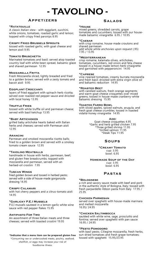 Tavolino Italian Gourmet menu in Westborough, Massachusetts, USA