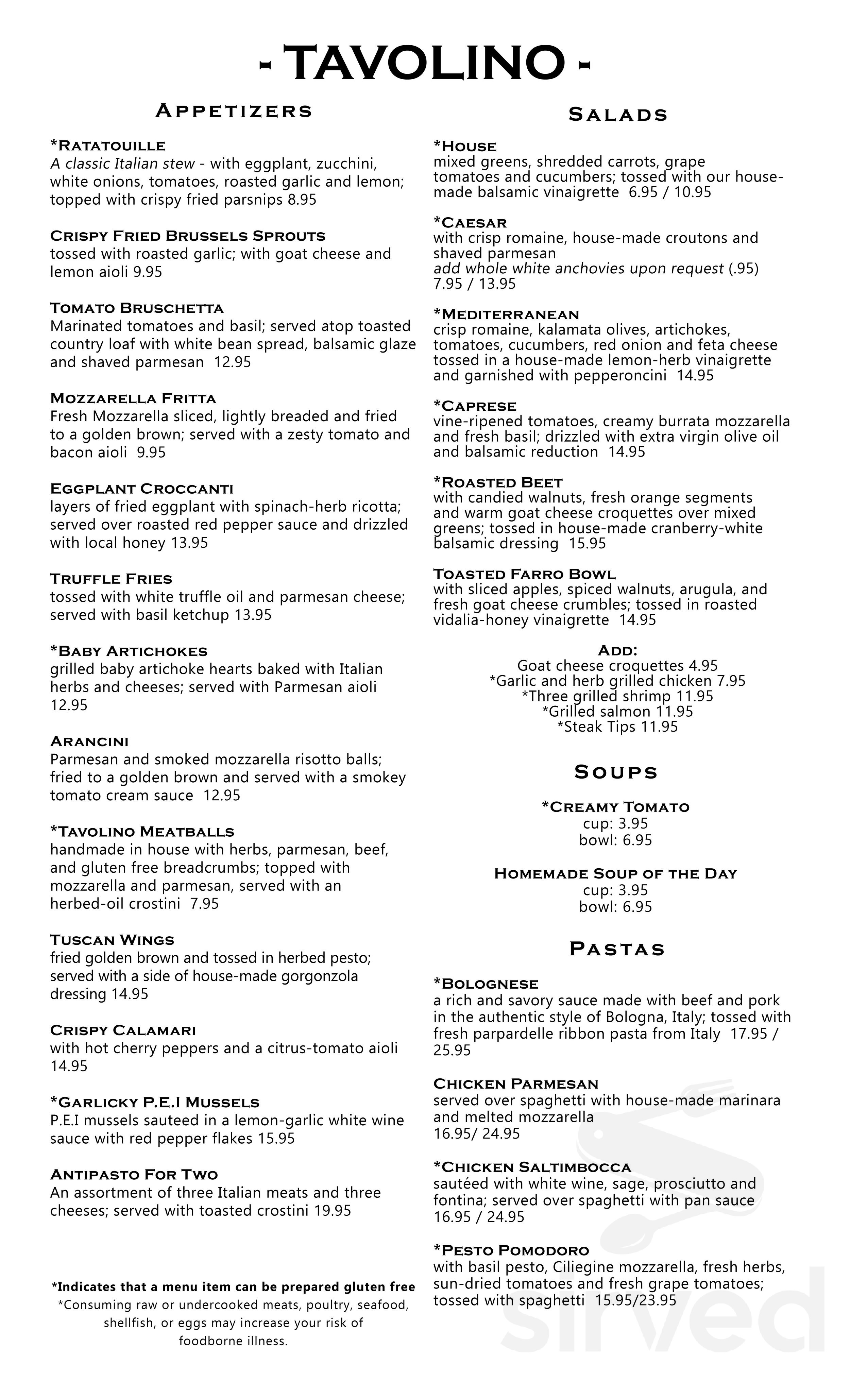 Menu - Foxborough MA's Tavolino Italian Gourmet | Sirved