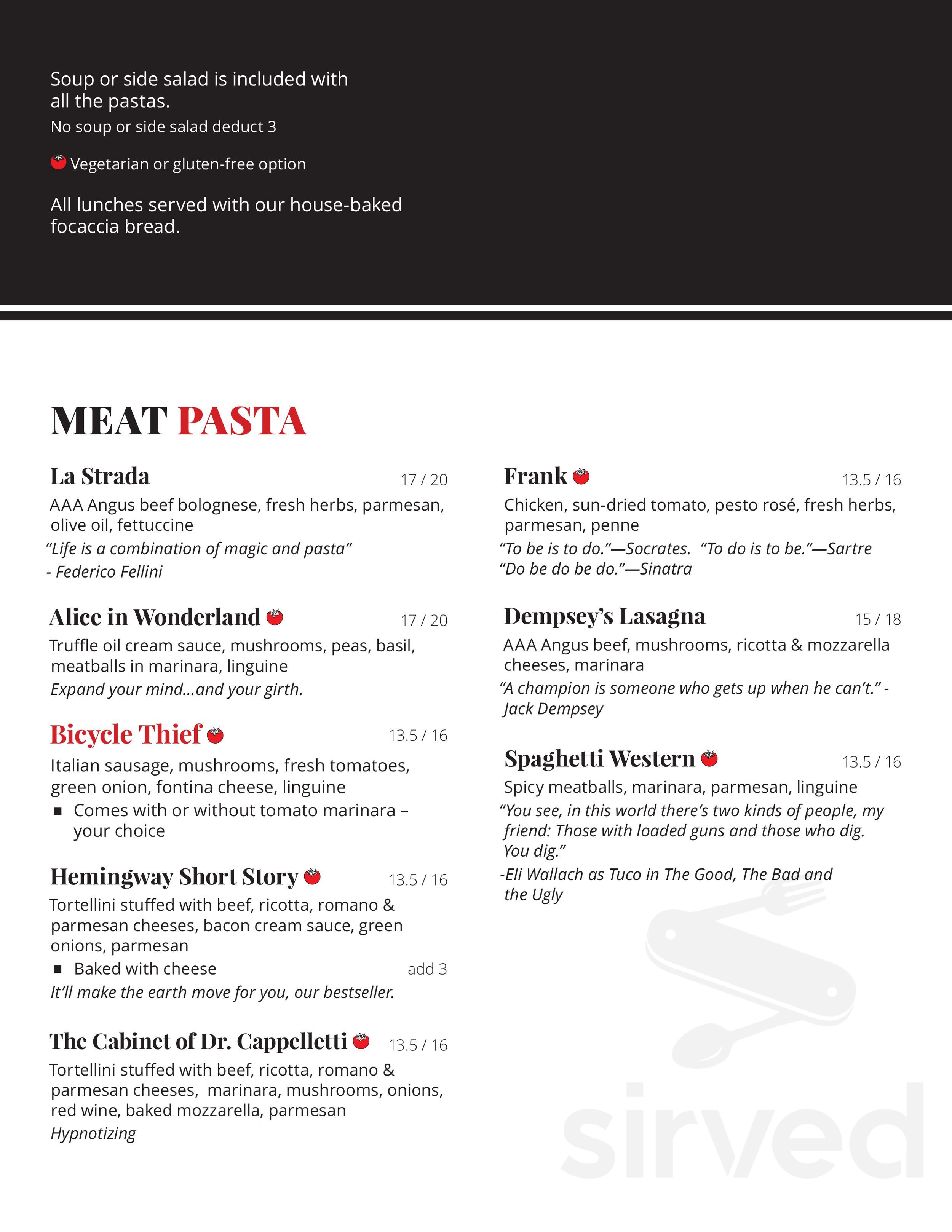 Pagliacci's menu in Victoria, British Columbia, Canada