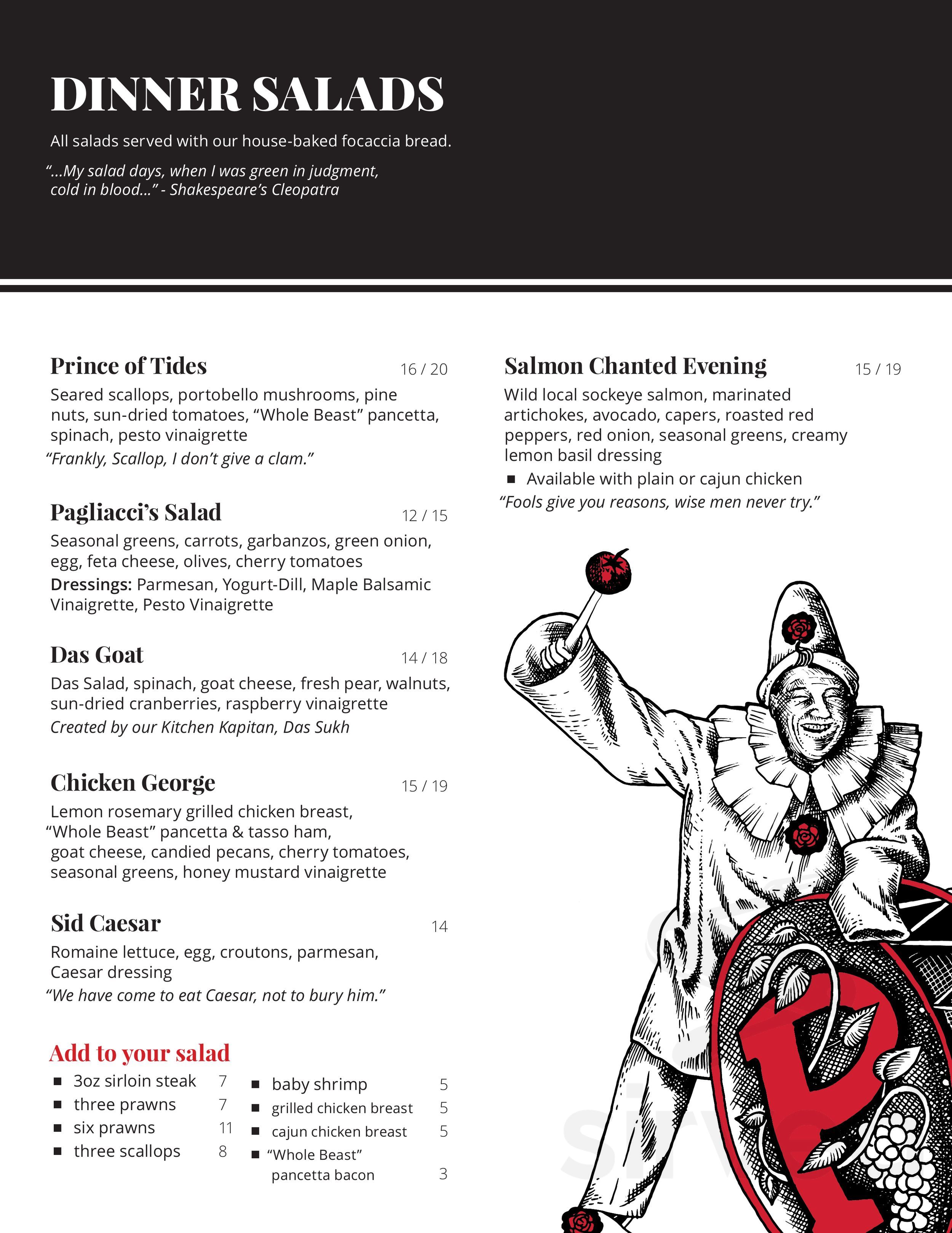 Pagliacci's menu in Victoria, British Columbia, Canada