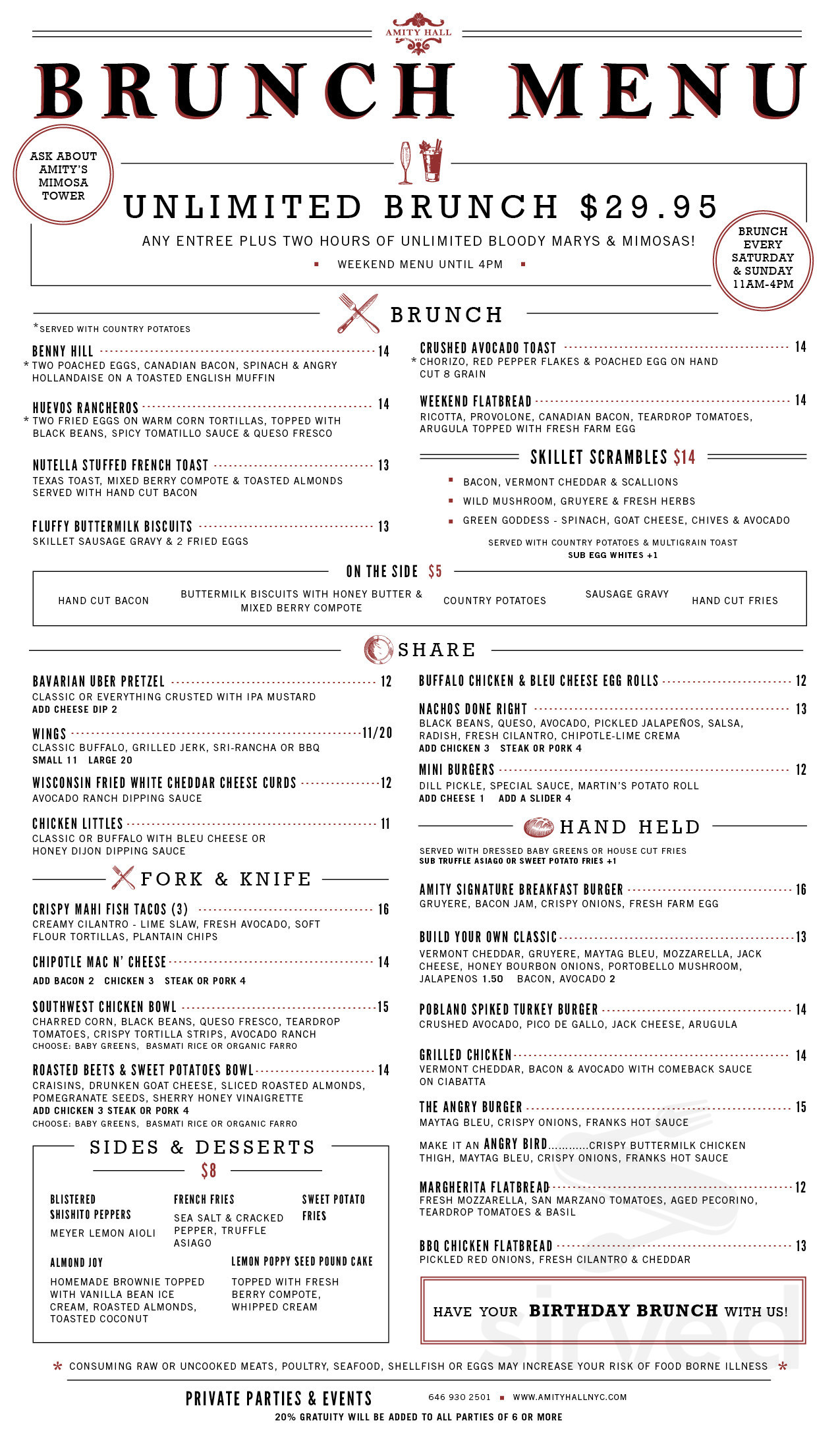 Amity Hall Uptown menu in New York, New York, USA