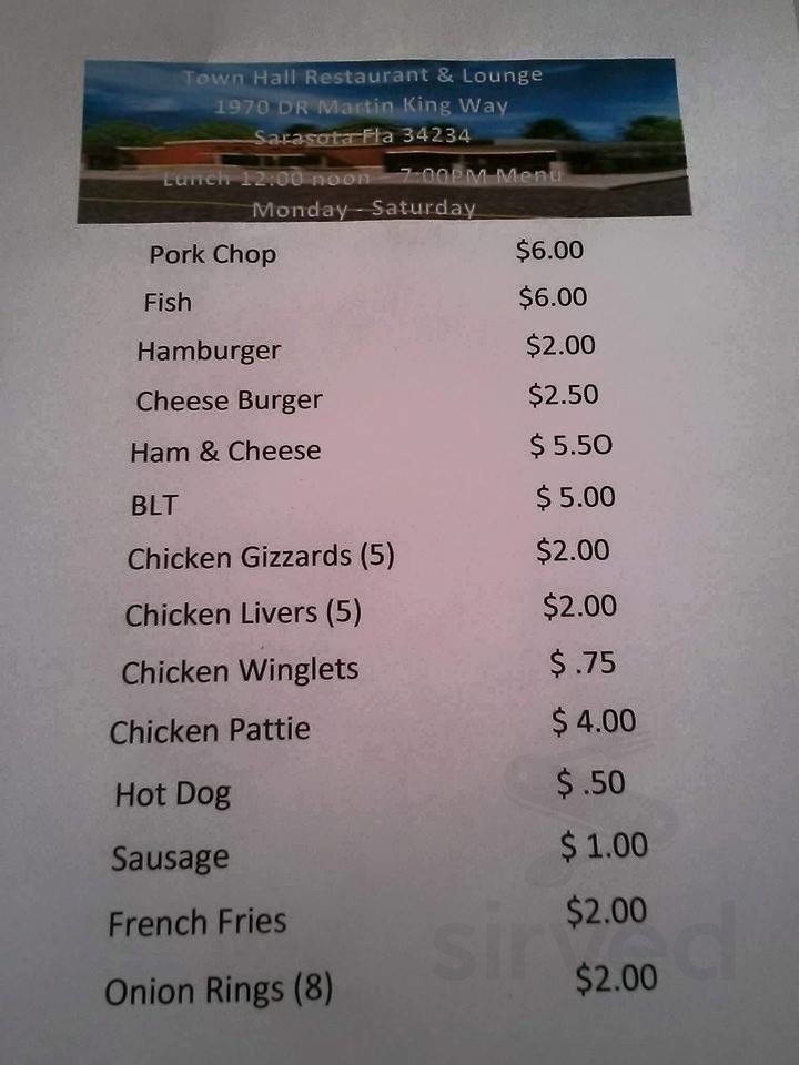 Town Hall Restaurant menu in Sarasota, Florida, USA