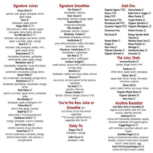 The Juicy Fix menu in Houston, Texas, USA