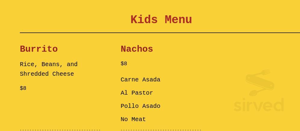 Menu - Monterey CA's Nacho Bizness | Sirved