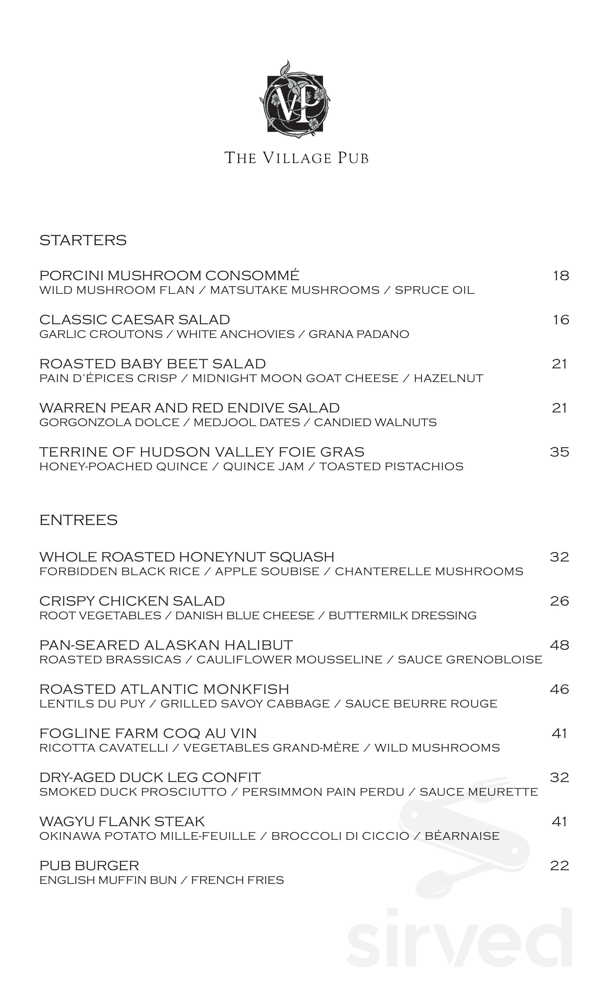 The Village Pub menu in Woodside, California, USA