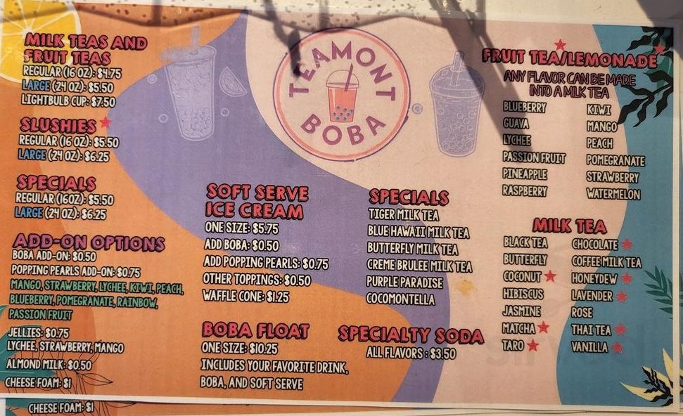 Teamont Boba menu in Clermont, Florida, USA