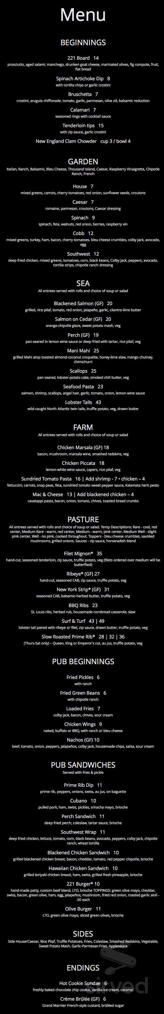 Menu for 221 Main - Restaurant & Cocktail House in St Joseph, MI | Sirved