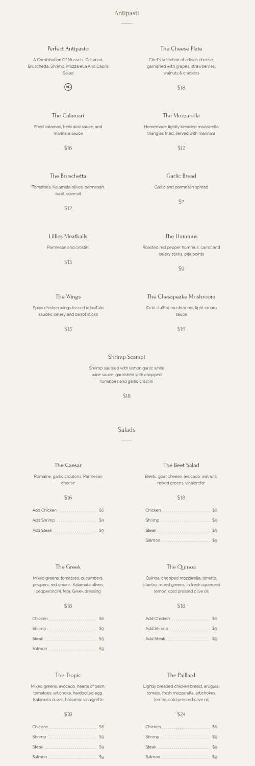 LiLLiES Restaurant & Bar menu in Washington, Washington D.C, USA