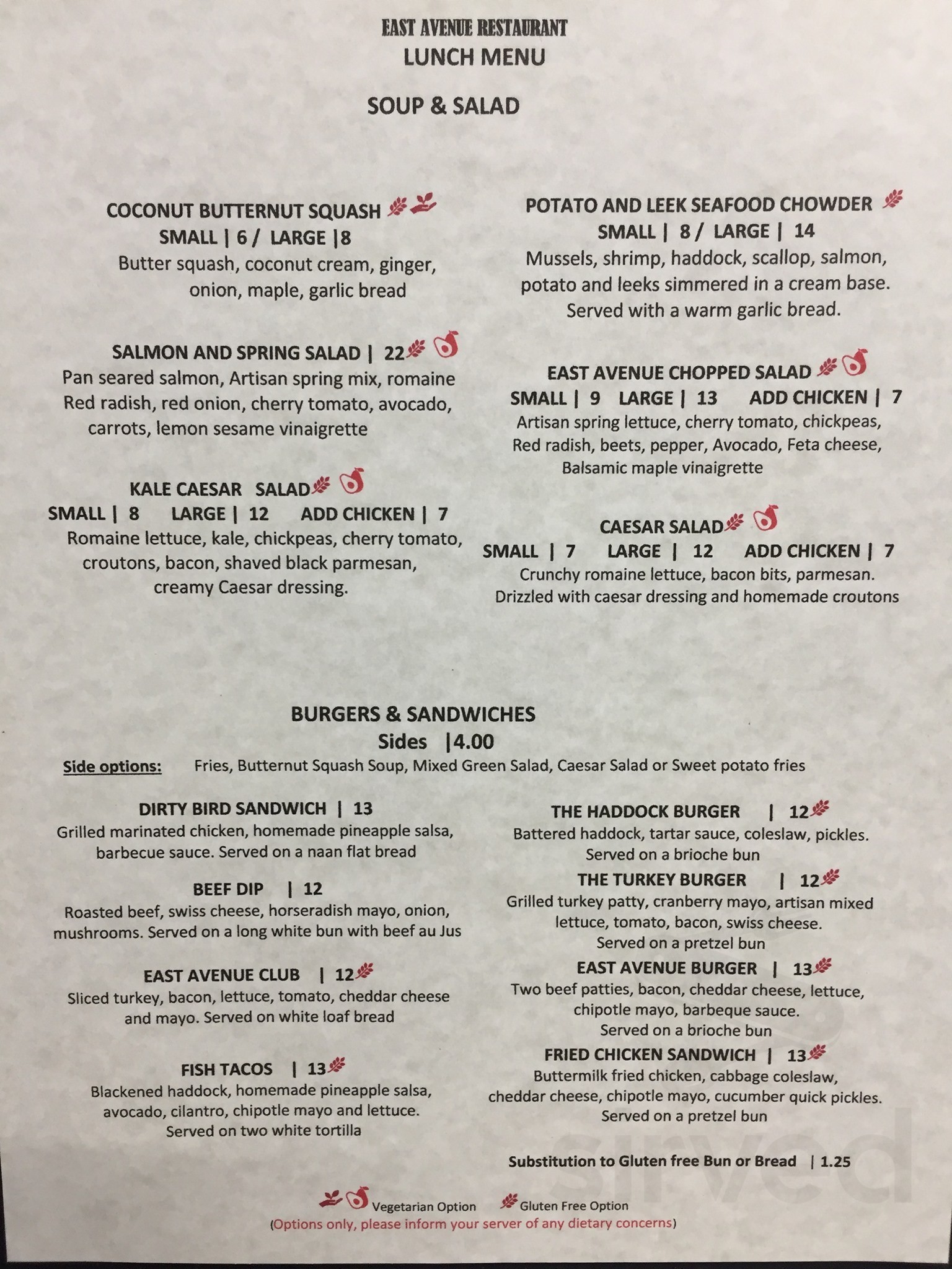 East Avenue menus in New Glasgow, Nova Scotia, Canada