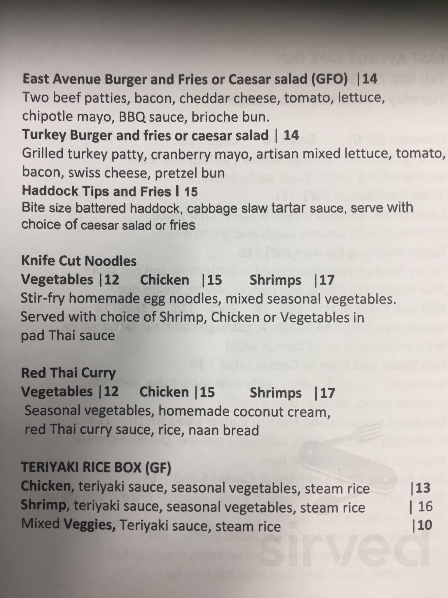 East Avenue menus in New Glasgow, Nova Scotia, Canada