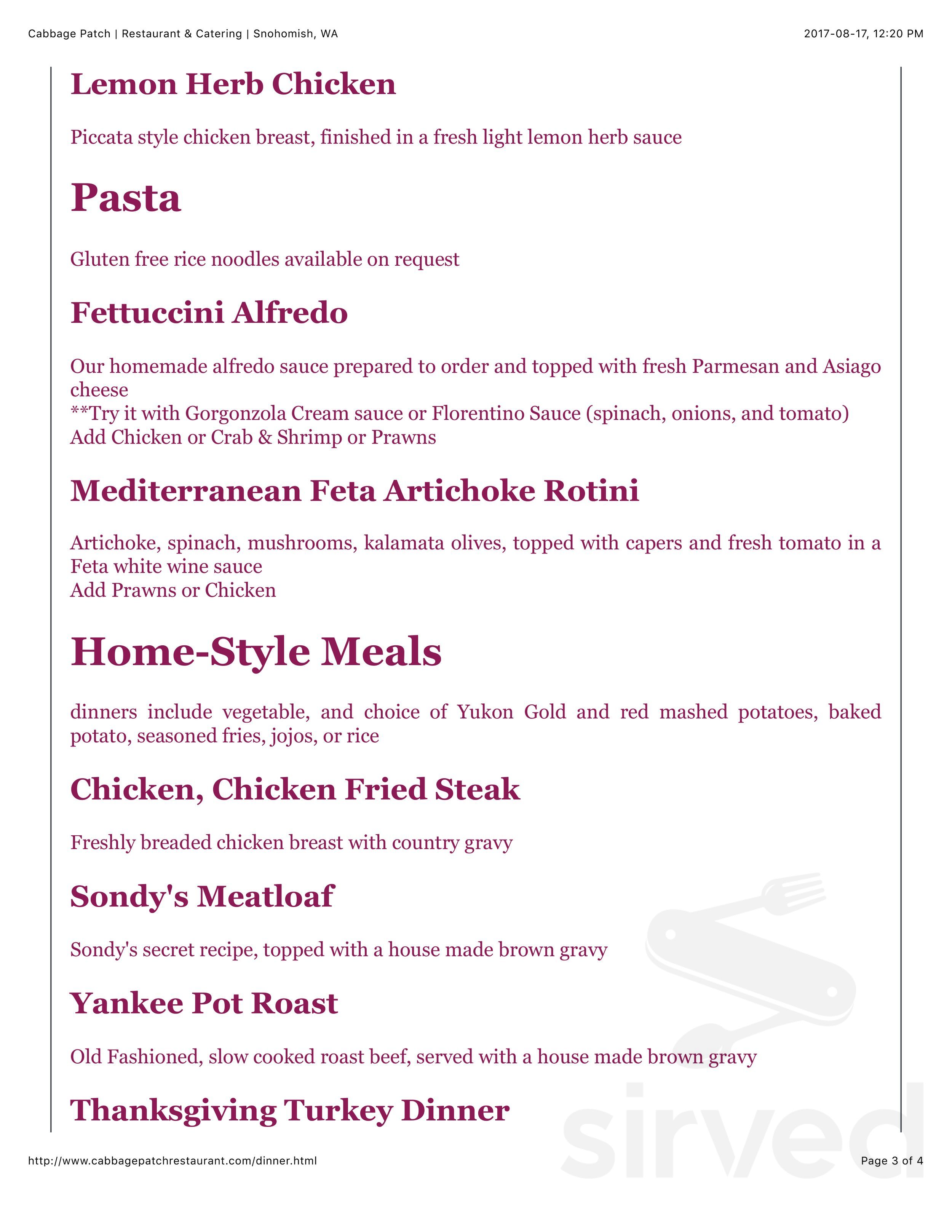 Cabbage Patch menu in Snohomish, Washington, USA