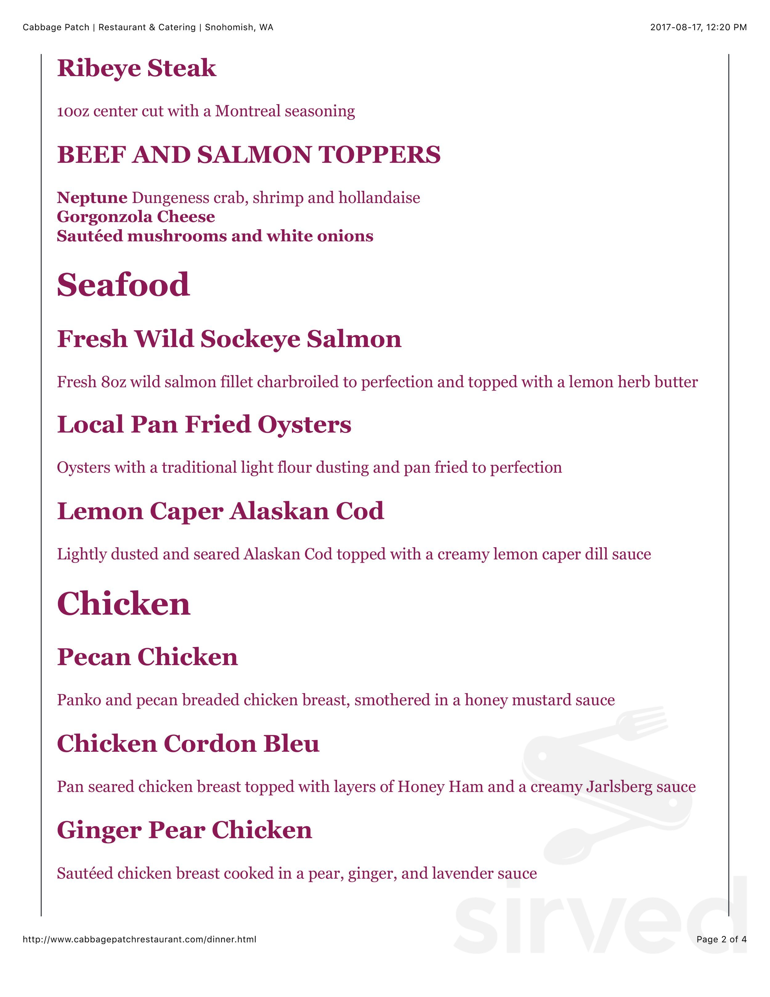 Cabbage Patch menu in Snohomish, Washington, USA