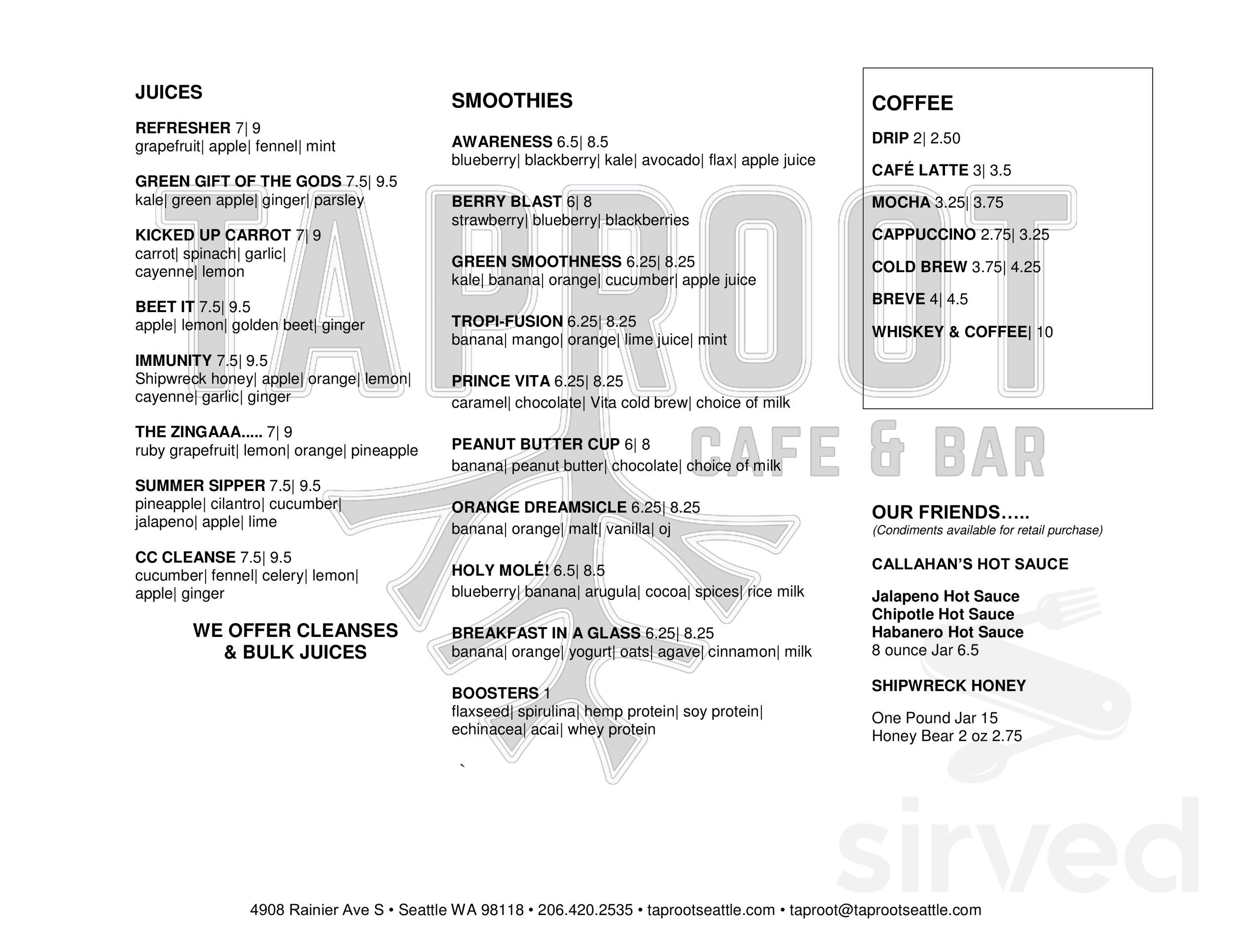 Taproot Cafe & Bar menu in Seattle, Washington, USA