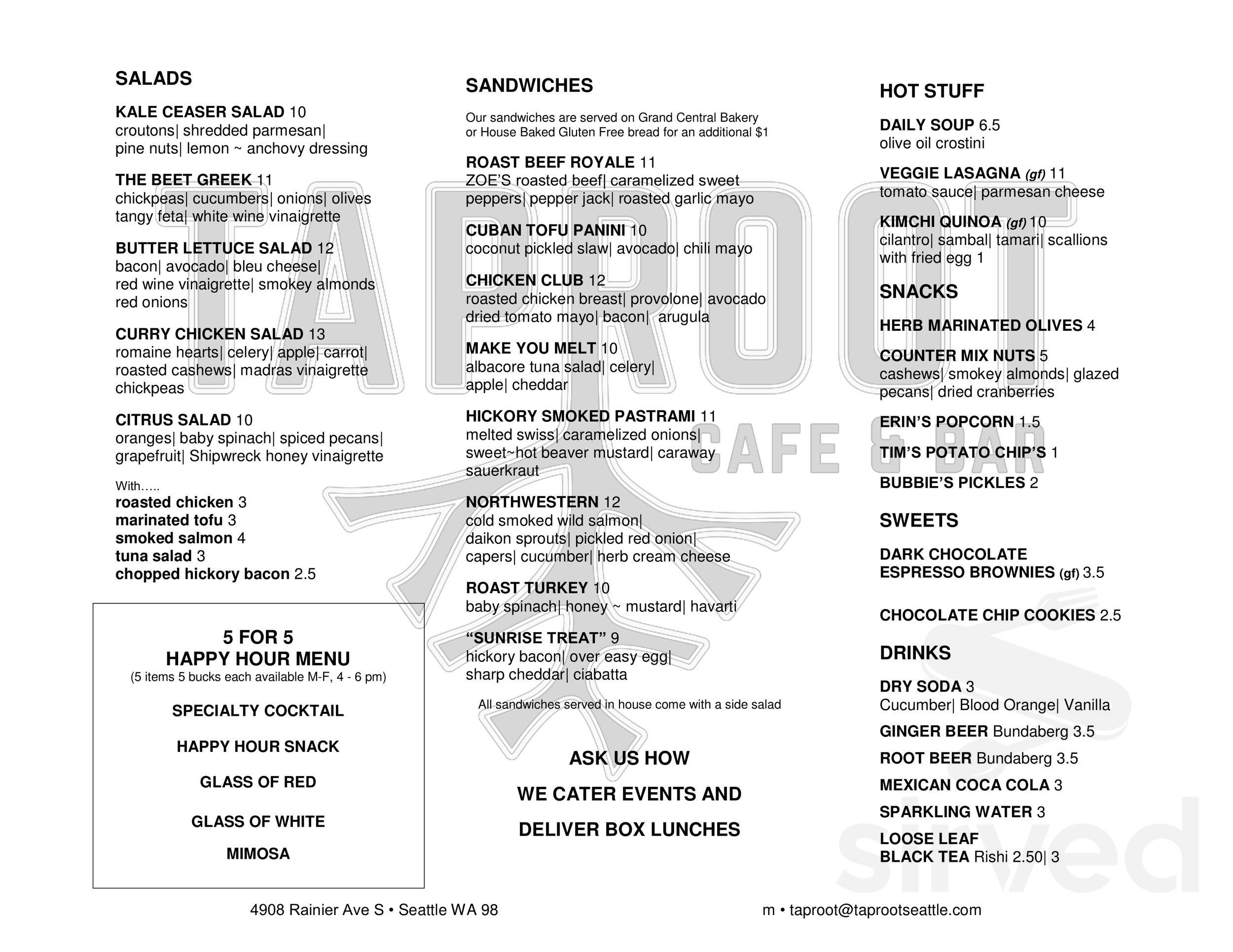 Taproot Cafe & Bar menu in Seattle, Washington, USA