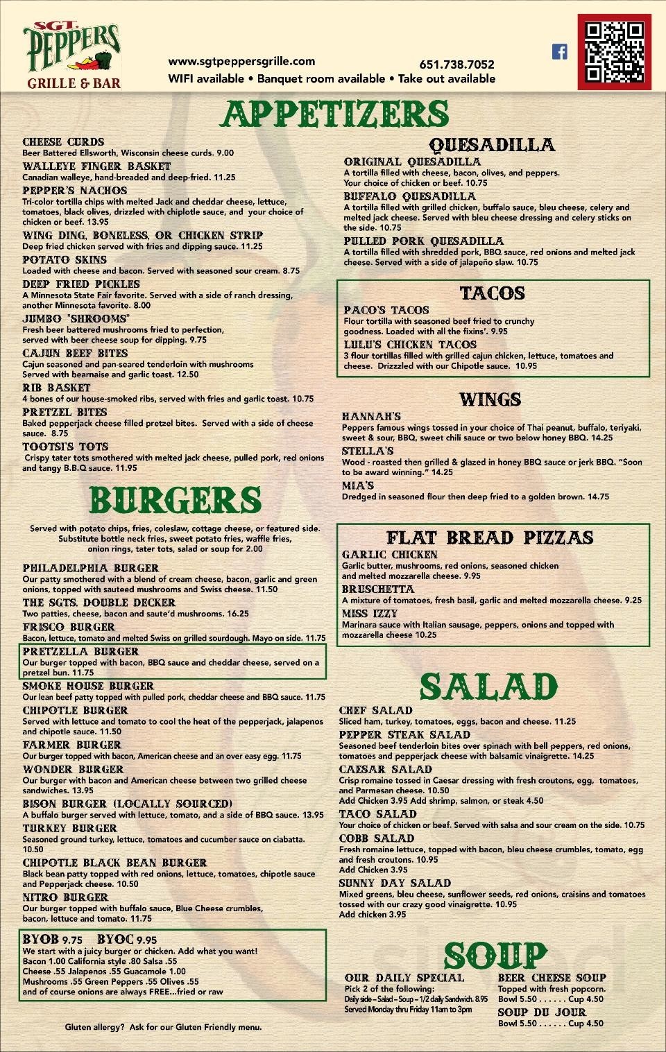 Sgt Peppers menu in Oakdale, Minnesota, USA
