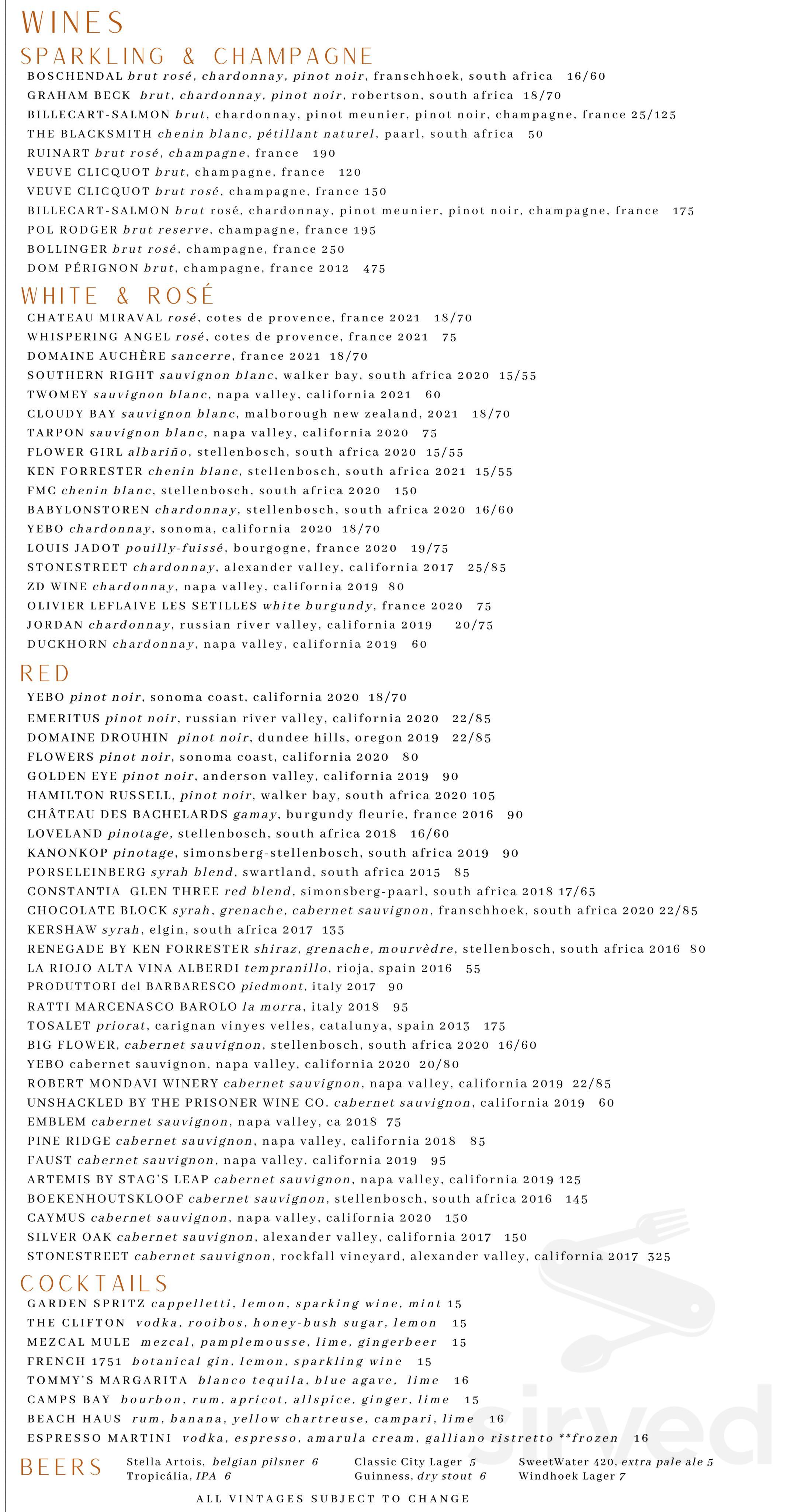 Yebo Beach Haus menu in Atlanta, Georgia, USA