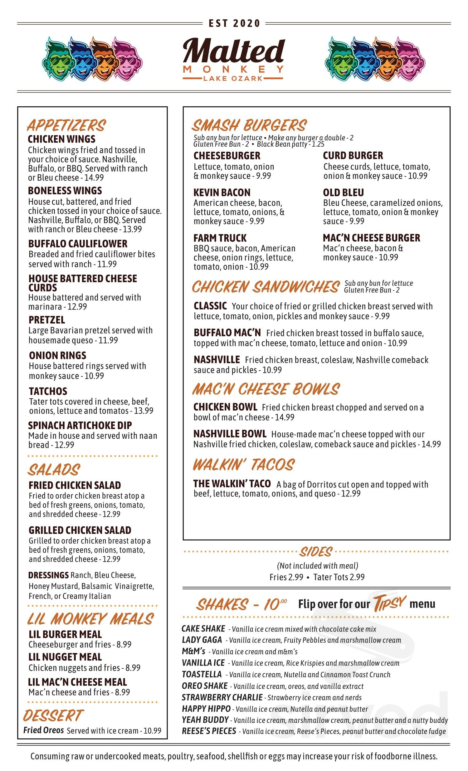 The Malted Monkey menu in Lake Ozark, Missouri, USA