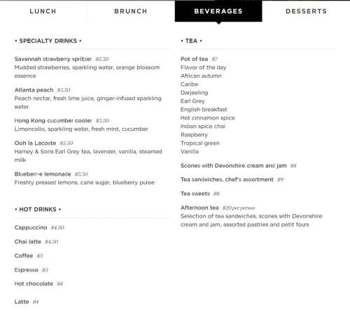 Gryphon menu in Savannah, Georgia, USA