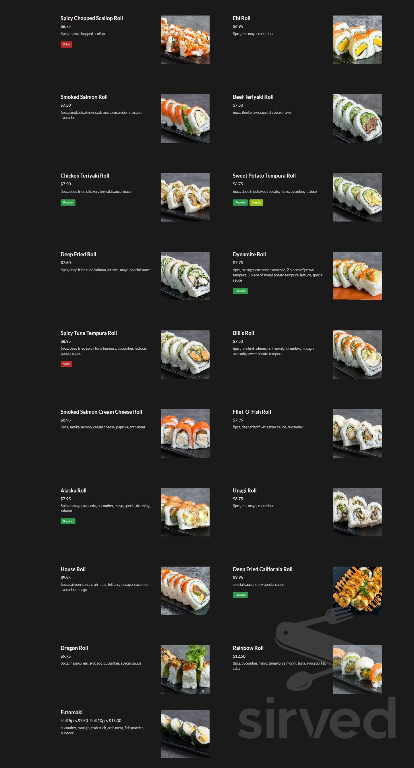 Sushi Mura River District menu in Vancouver, British Columbia, Canada