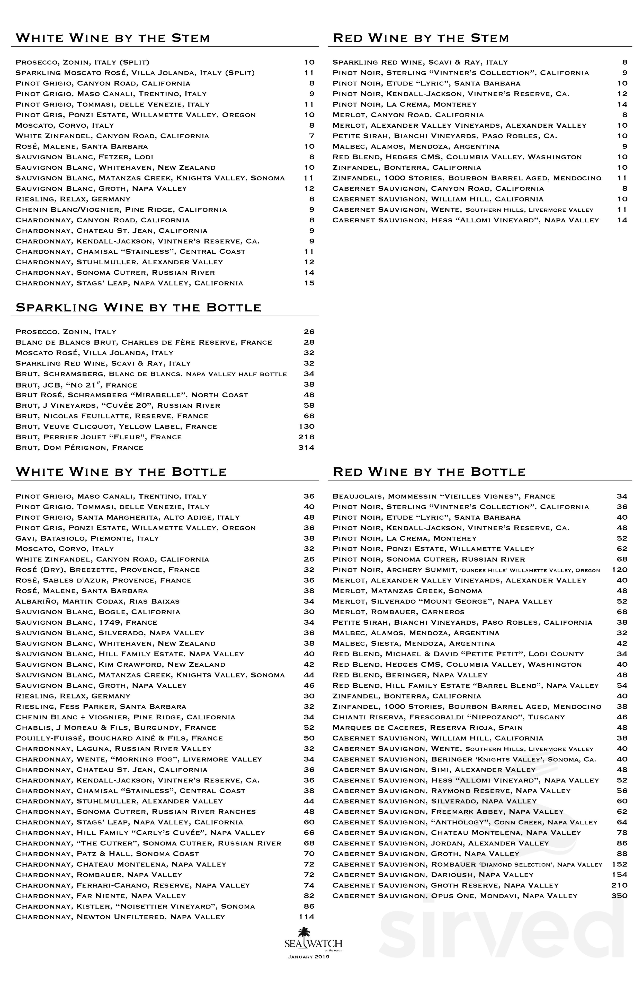 Sea Watch On the Ocean menu in Fort Lauderdale, Florida, USA