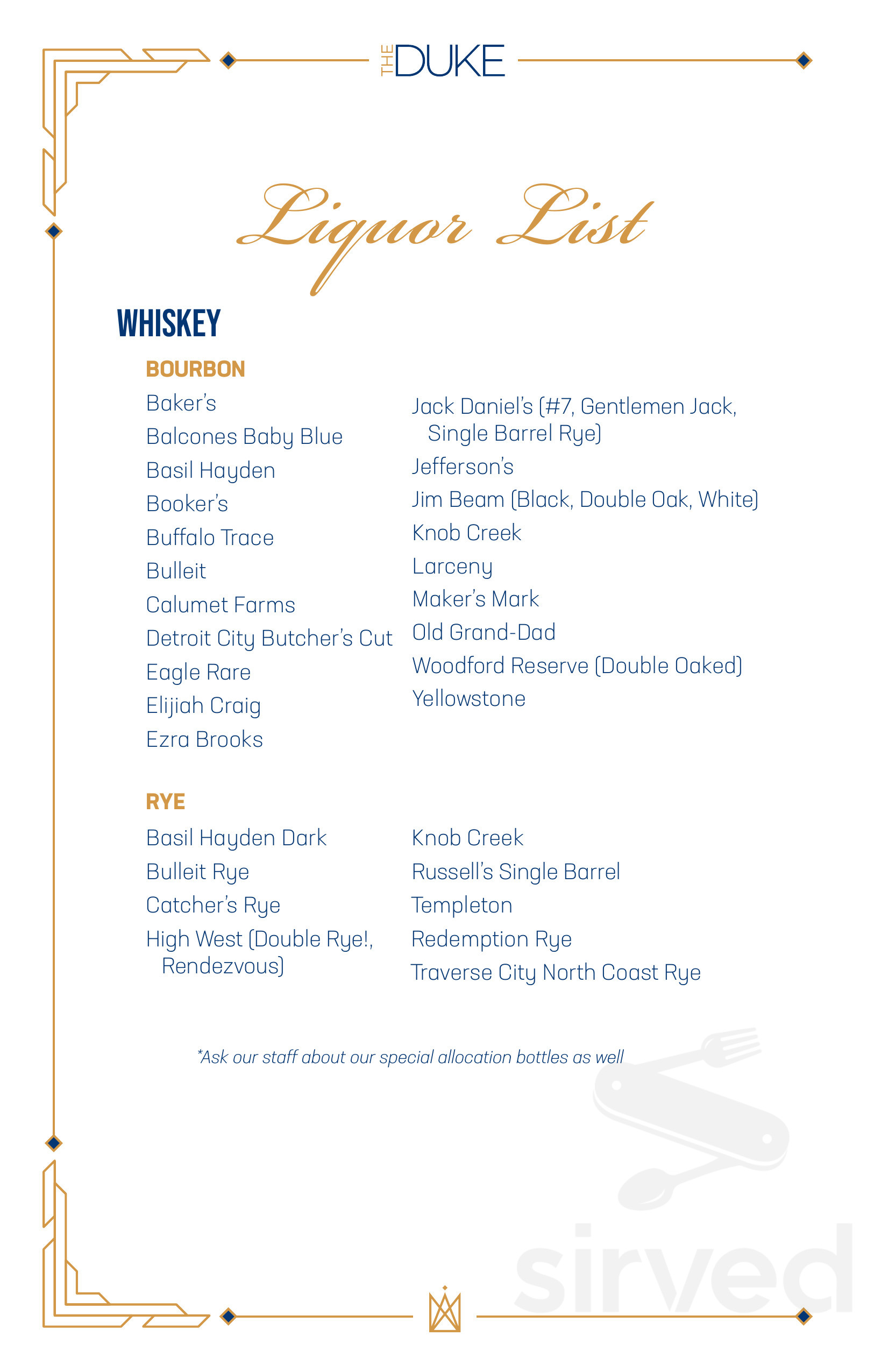 The Duke Cocktail Lounge menu in Bloomfield Hills, Michigan, USA