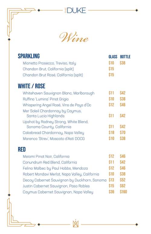 The Duke Cocktail Lounge menu in Bloomfield Hills, Michigan, USA