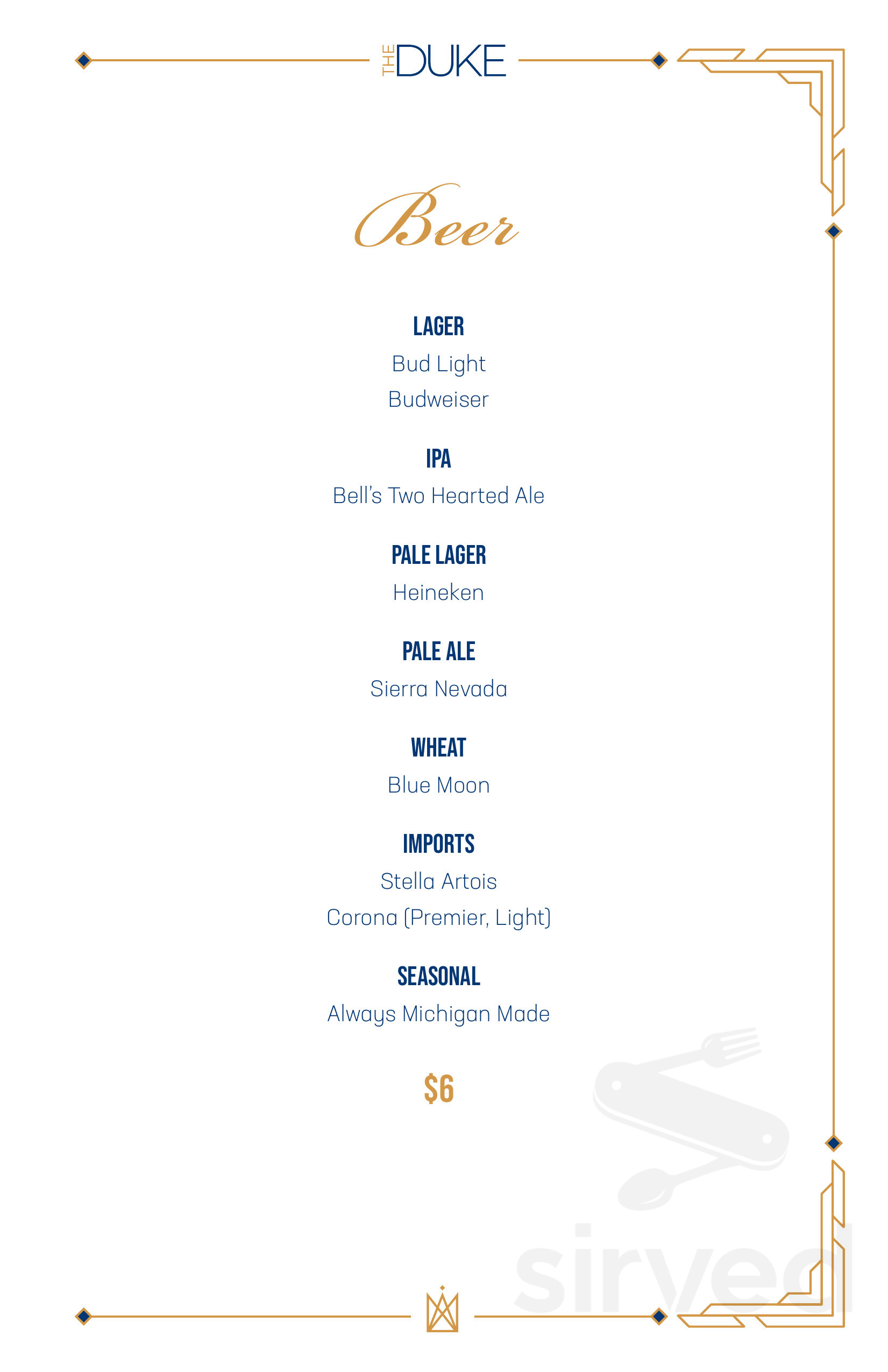 The Duke Cocktail Lounge menu in Bloomfield Hills, Michigan, USA