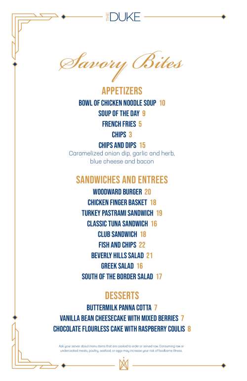 The Duke Cocktail Lounge menu in Bloomfield Hills, Michigan, USA