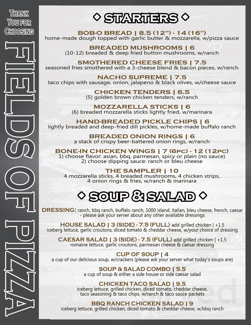Fields of Pizza menu in East Moline, Illinois, USA