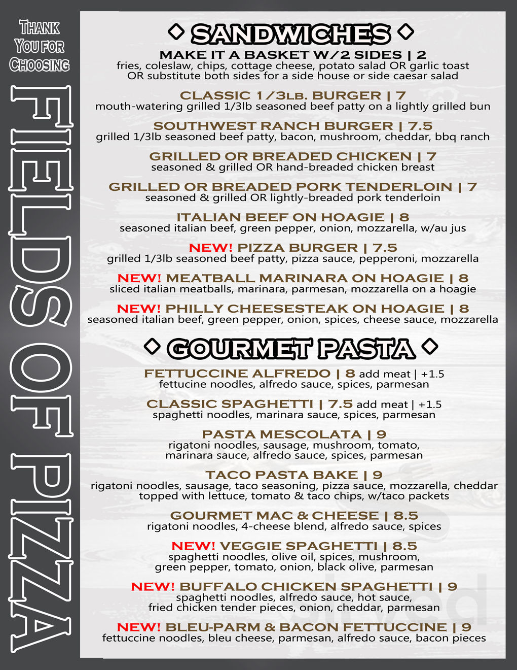 Fields of Pizza menu in East Moline, Illinois, USA