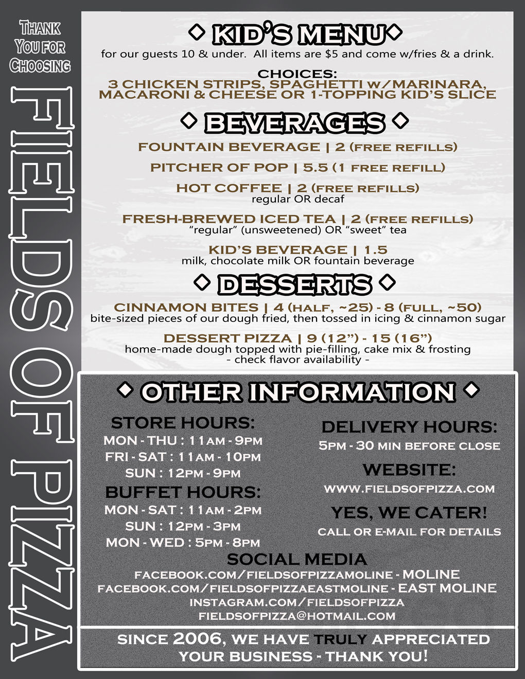 Fields of Pizza menu in East Moline, Illinois, USA